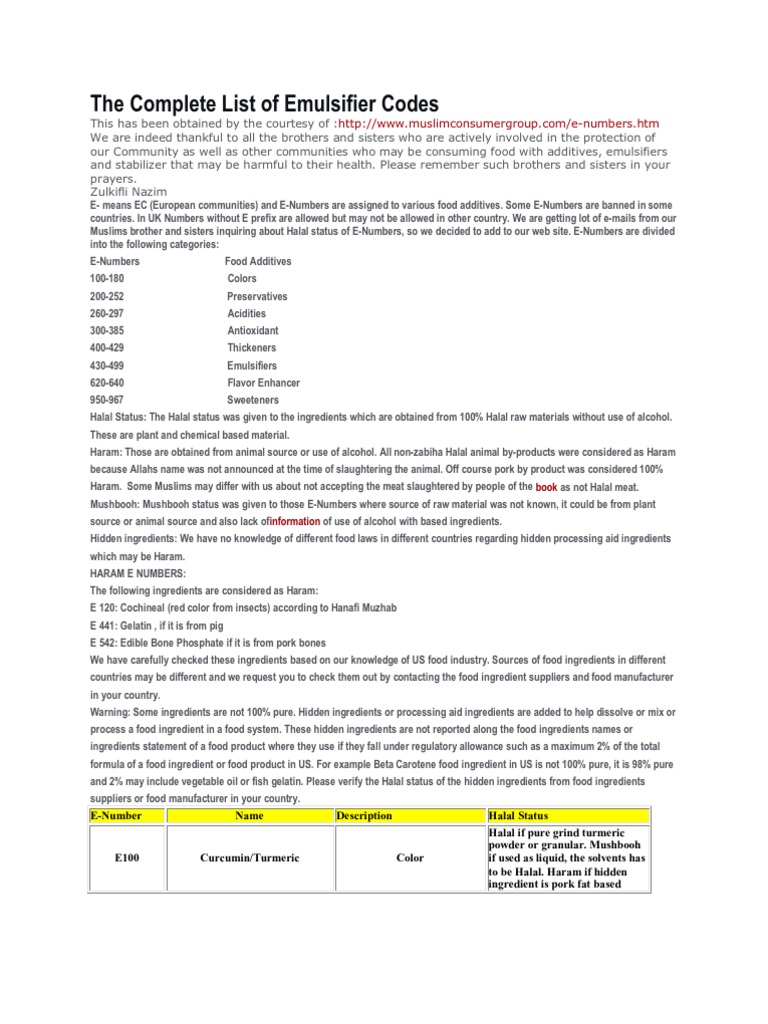 The Complete List of Emulsifier Codes | PDF | Fat | Antioxidant