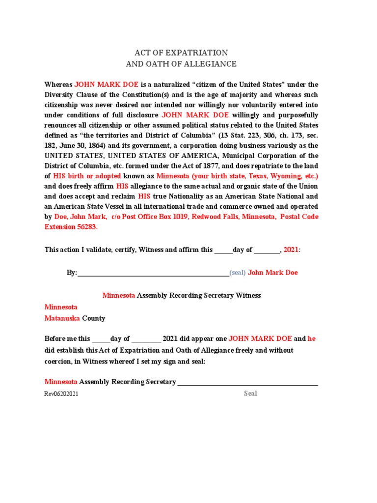 Example Act of Expatriation JOHN MARK DOE - RecSec | PDF