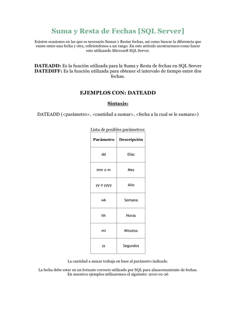 Suma y Resta de Fechas | PDF | Servidor SQL de Microsoft | SQL