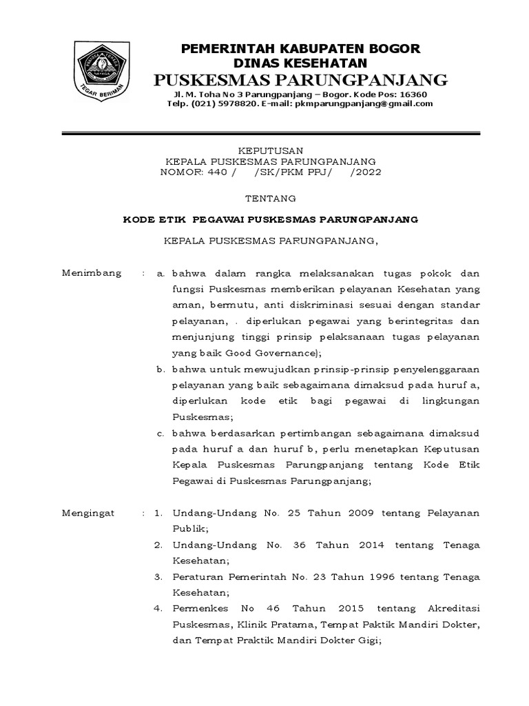 SK Kode Etik Pegawai Puskesmas | PDF