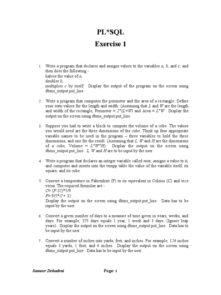 PL SQL Exercise1 | Download Free PDF | C (Programming Language) | Sql