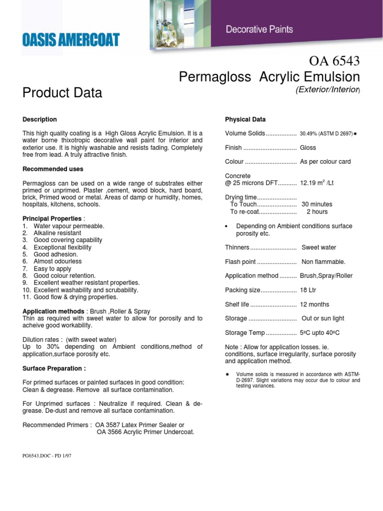 OA 6543 Permagloss Acrylic Emulsion Product Data: (Exterior/Interior ...