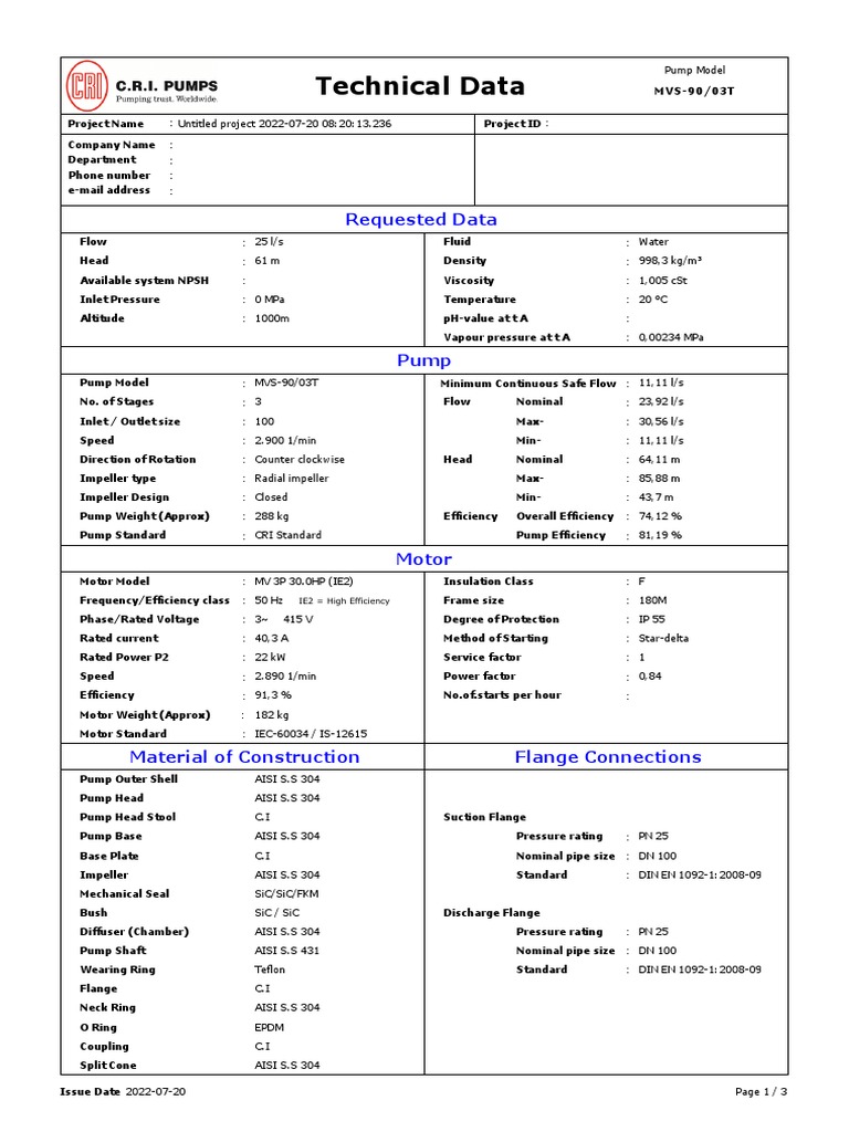 MVS-90/03T Pump Technical Data | PDF | Pump | Chemical Engineering