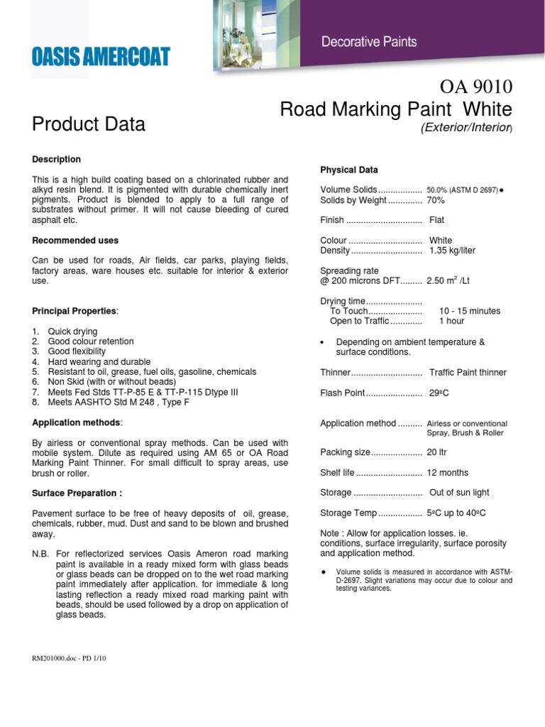 OA 9010 Road Marking Paint White Product Data: (Exterior/Interior | PDF ...