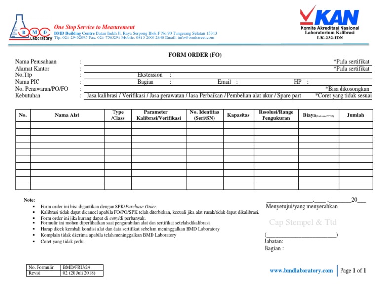 Form Order Jasa Kalibrasi BMD | PDF