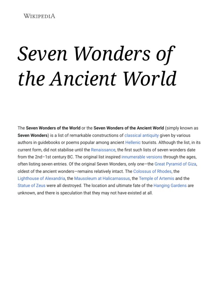 Seven Wonders of The Ancient World - Wikipedia | PDF | Classical ...