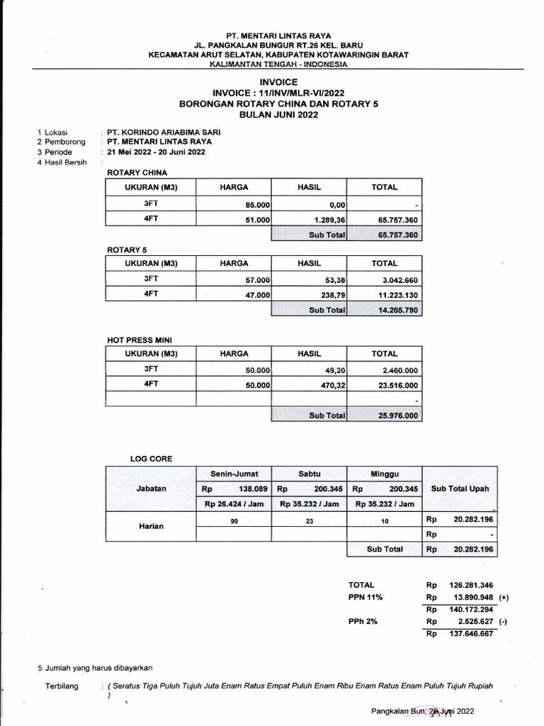 Invoice PT MLR Borongan Rotary China Dan Rotary 5 | PDF