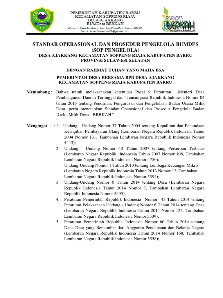 Sop Bumdes Berkah Ajakkang | PDF