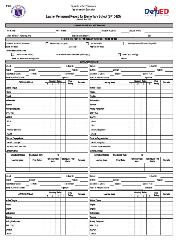 School-Form-10-ES-Learners-Permanent-Record (1) | PDF | Schools | Cognition