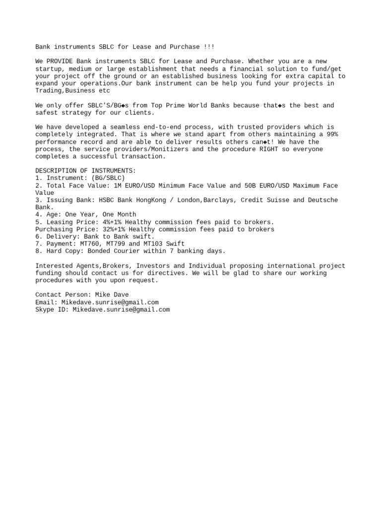 Bank Instruments SBLC For Lease and Purchase !!! | PDF