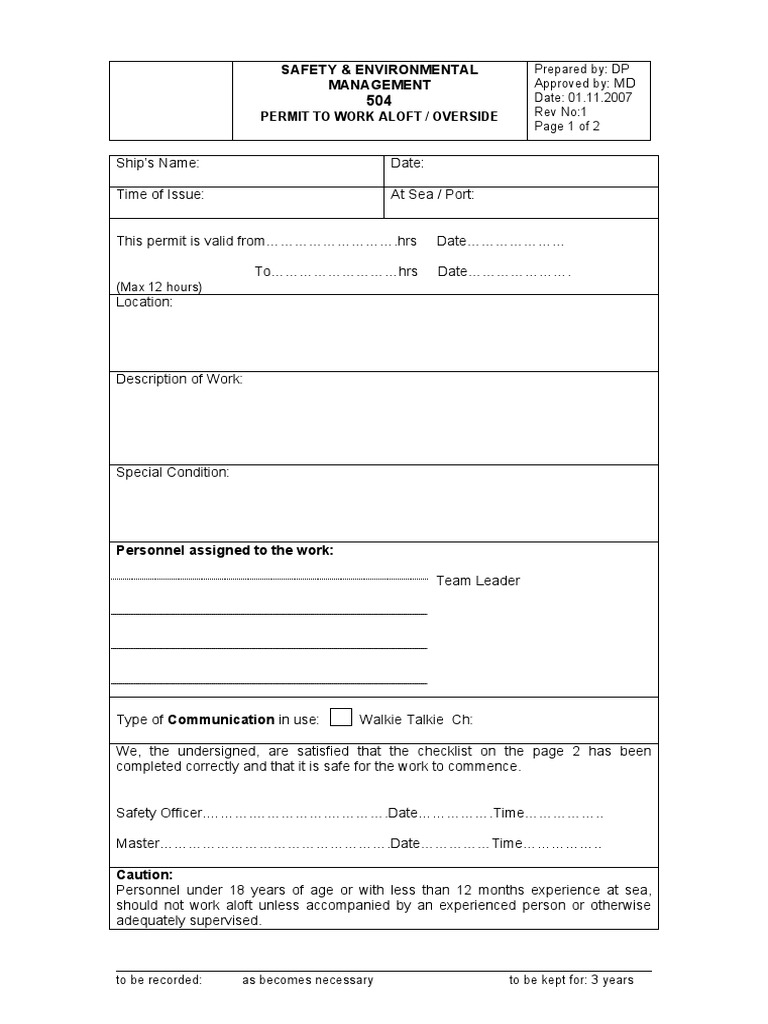 504 - Permit To Work Aloft | PDF | Manufactured Goods