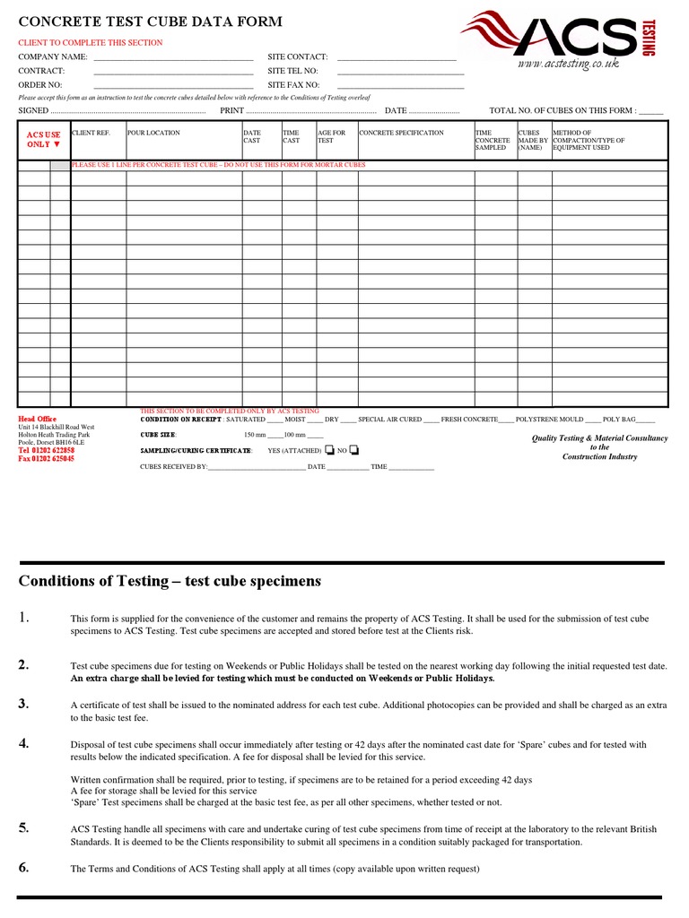 Concrete Test Cube Data Form | Specification (Technical Standard ...