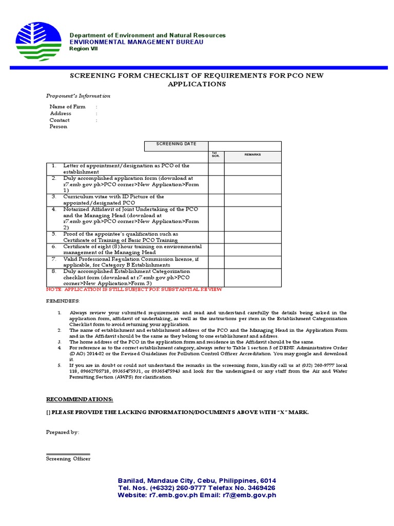 Screening Form Checklist of Requirements For Pco New Applications | PDF