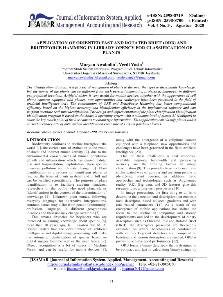 Jisamar Application Of Oriented Fast And Rotated Brief Orb And
