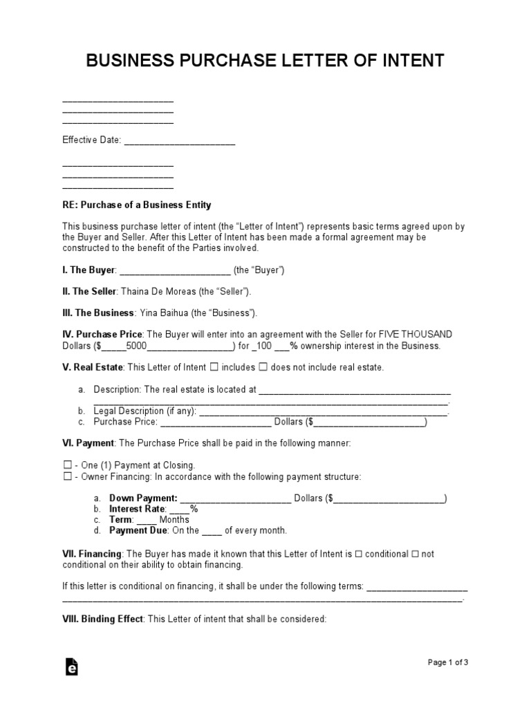Business Purchase Letter of Intent | PDF | Sales | Confidentiality