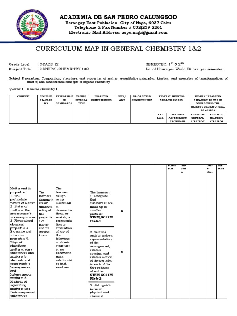 Curriculum Map in General Chemistry 1&2: Academia de San Pedro ...