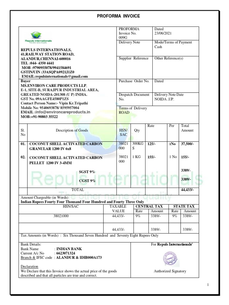 I 009g - Proforma Invoice For Pellet & Granular Activated Carbon ...