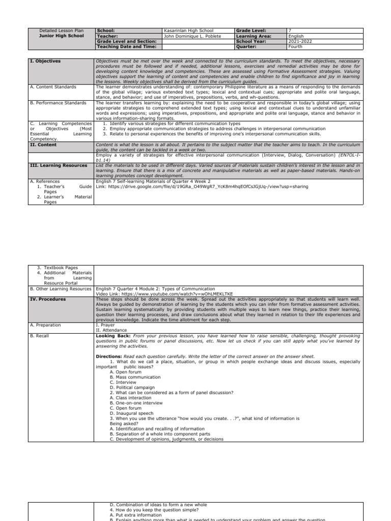 English 7 4th Quarter Week 2 Detailed Lesson Plan | PDF | Learning ...