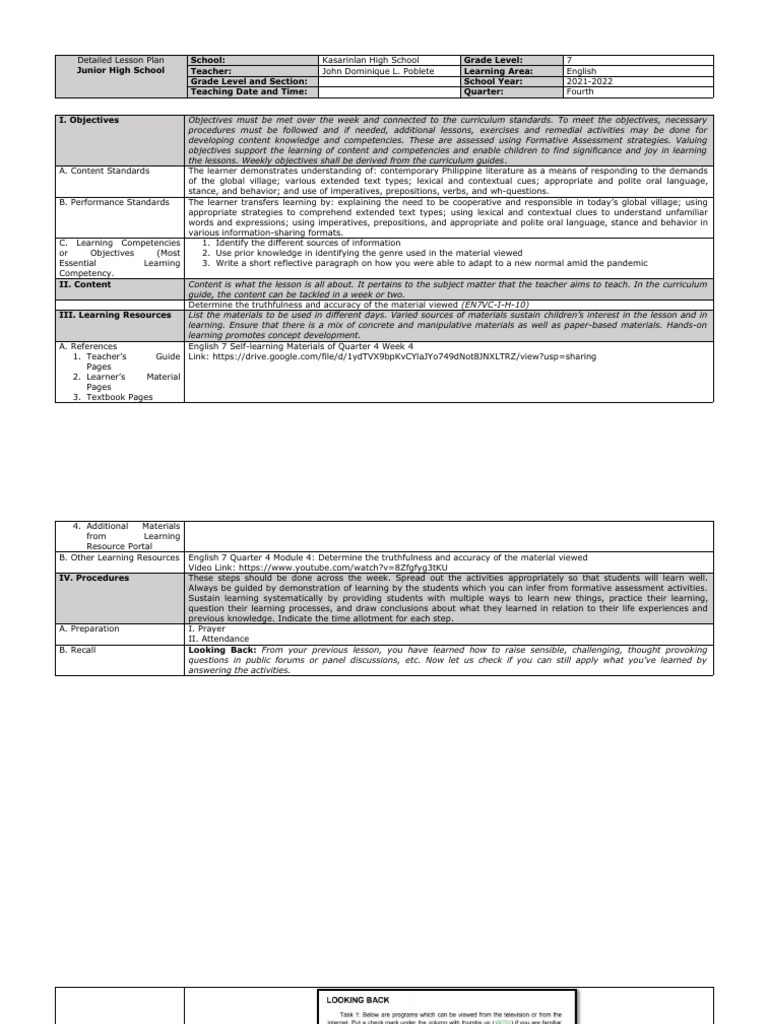 Grade 7 English Lesson Plan: Week 4 | PDF | Learning | Accuracy And ...
