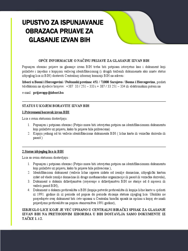 Upustvo Za Ispujavanje Obrazaca Prijave Za Glasanje Izvan BIH | PDF