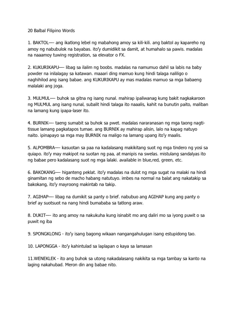 20 Balbal Filipino Words | PDF