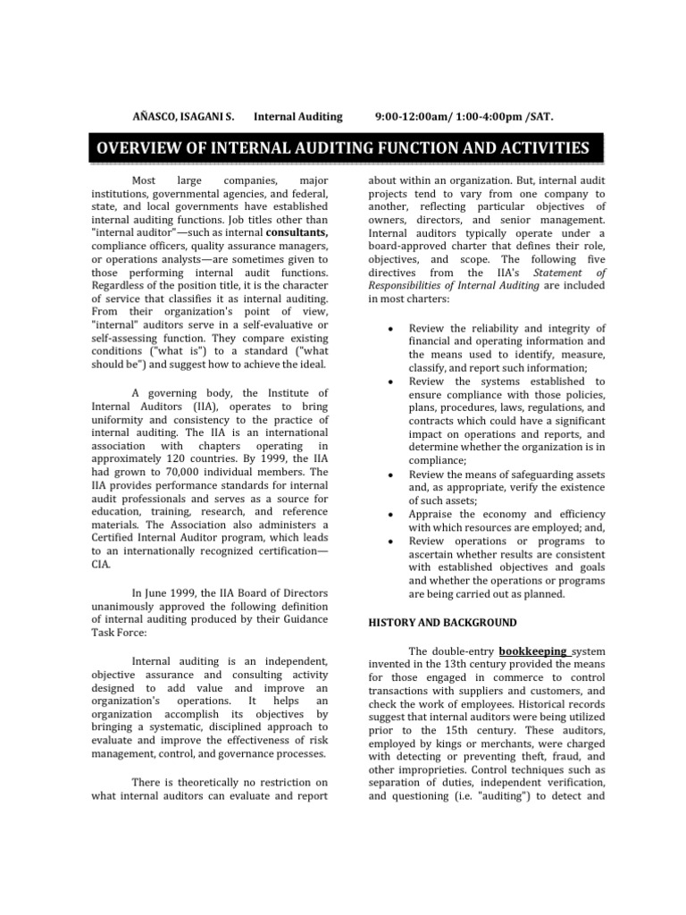 Overview On Internal Audit | PDF | Internal Audit | Audit