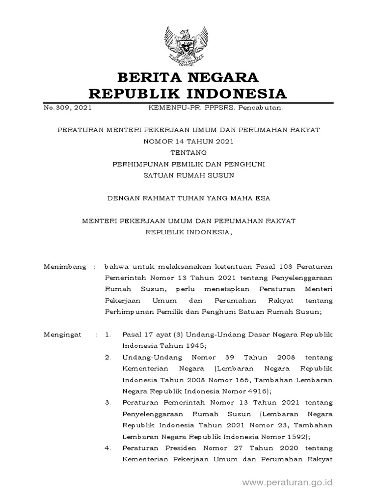 2021 Permen PUPR Nomor 14 Tahun 2021 - (Peraturanpedia - Id) | PDF