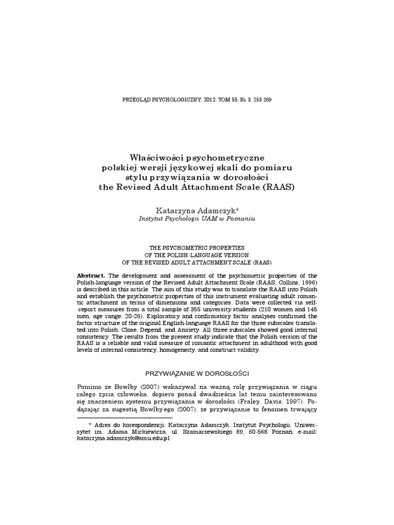 Właściwości Psychometryczne Polskiej Wersji Językowej Skali Do Pomiaru ...
