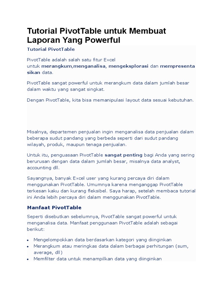 Tutorial PivotTable Untuk Membuat Laporan Yang Powerful | PDF