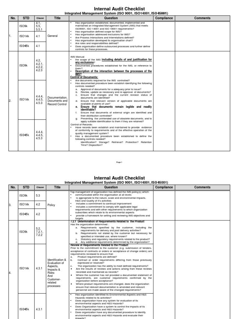 IMS Internal Audit Checklist | PDF | Verification And Validation | Audit