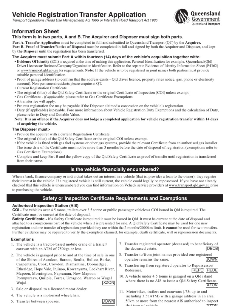 Vehicle Registration Transfer Application: Information Sheet | Download ...