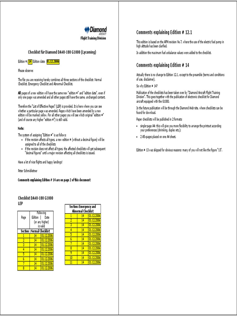 Checklist Für Diamond DA40-180 G1000 (Lycoming) | PDF | Airplane ...