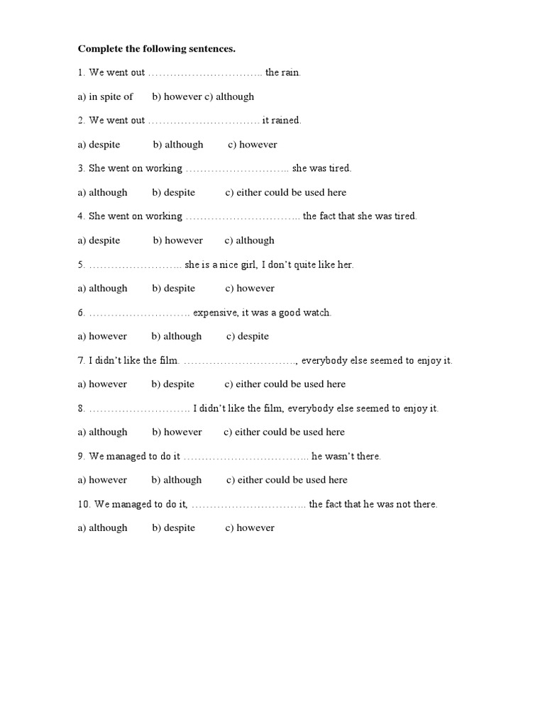 Practice Exercises on Using Concessive Phrases and Clauses in Sentence ...