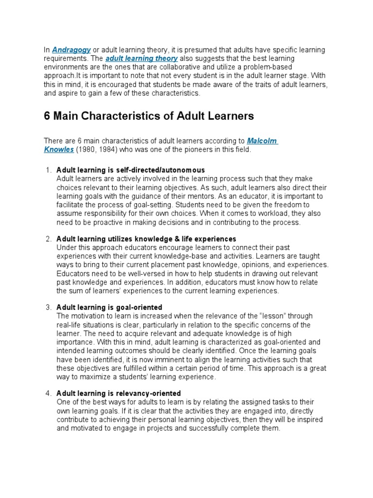 6 Main Characteristics of Adult Learners: Andragogy Adult Learning ...