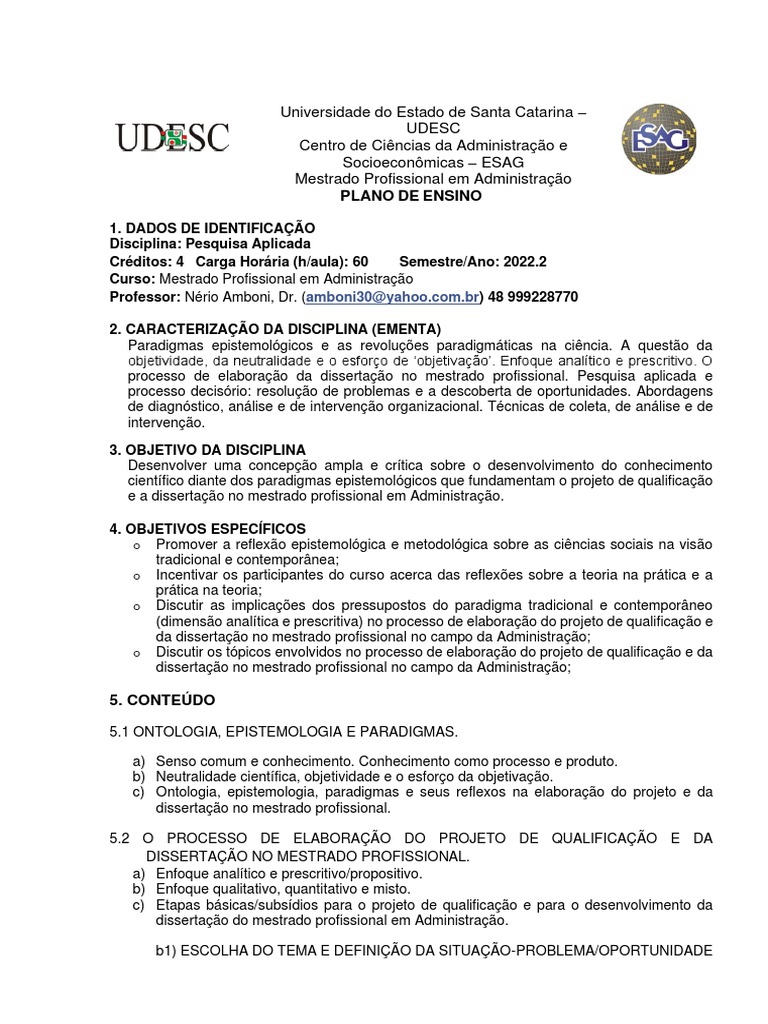 Plano DE Ensino | PDF | Science | Mestrado