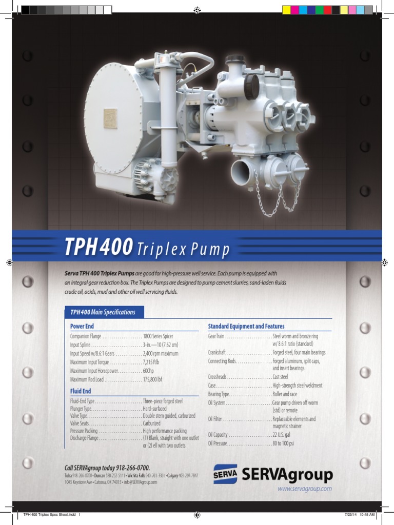 Triplex Pump: TPH 400 Main Specifications | PDF | Pump | Machines