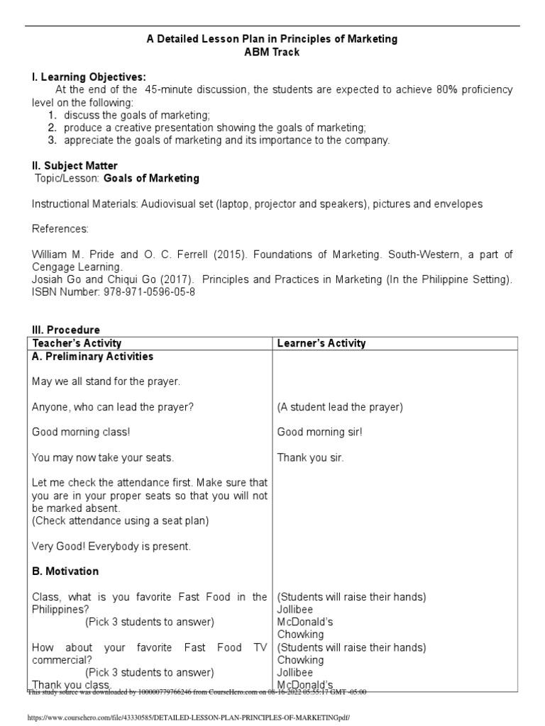 Marketing Goals Lesson Plan ABM Track | PDF | Consumer Behaviour ...