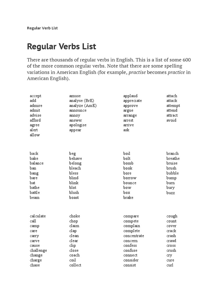 Regular Verb List | PDF