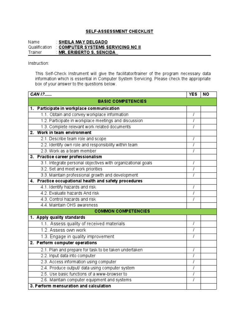 SELF assessment checklist | PDF | Computer Network | Electronics