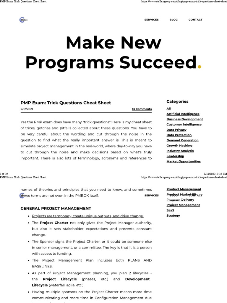 PMP Exam Trick Questions Cheat Sheet | PDF