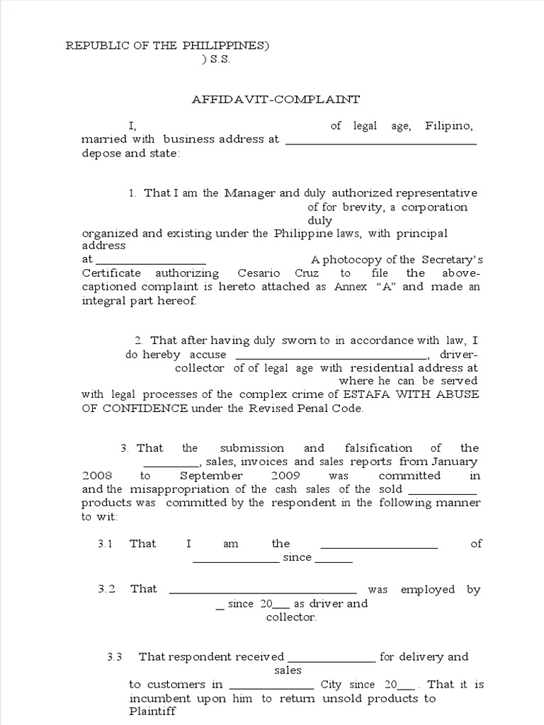 Sample Complaint Affidavit Estafa 1 | PDF | Justice | Crime & Violence
