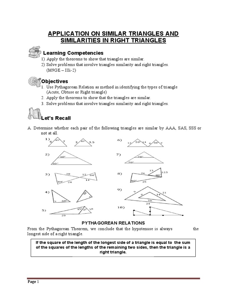 Application On Similar Triangles and Similarities in Right Triangles ...