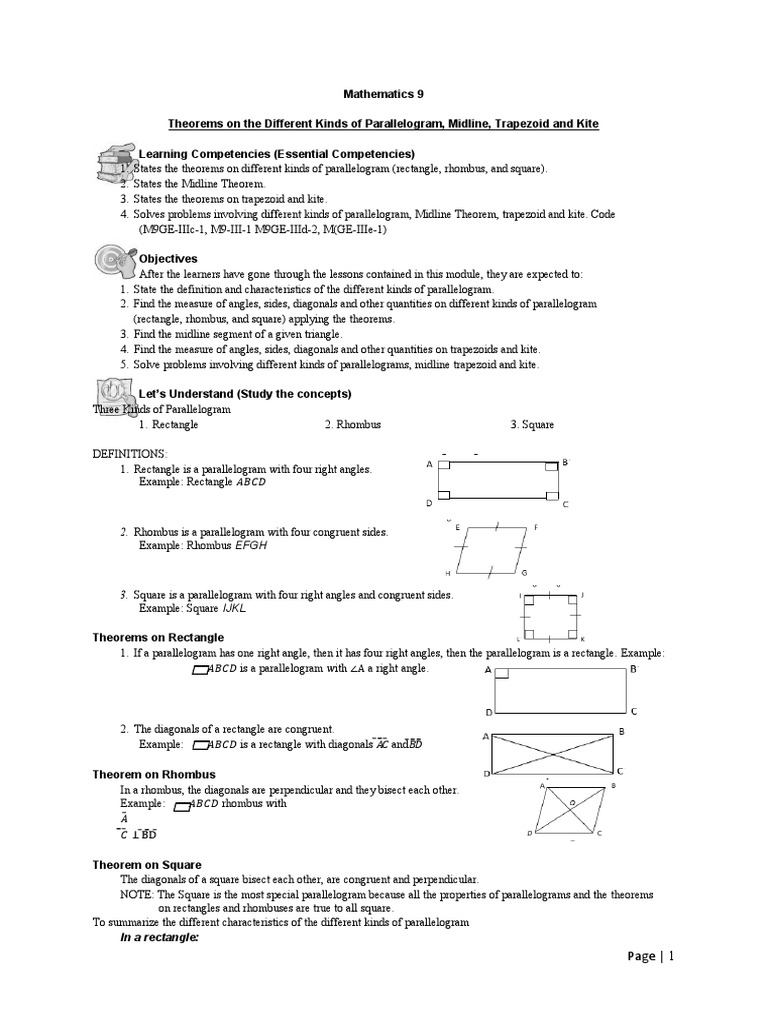 Theorems On The Different Kinds of Parallelogram, Midline, Trapezoid ...