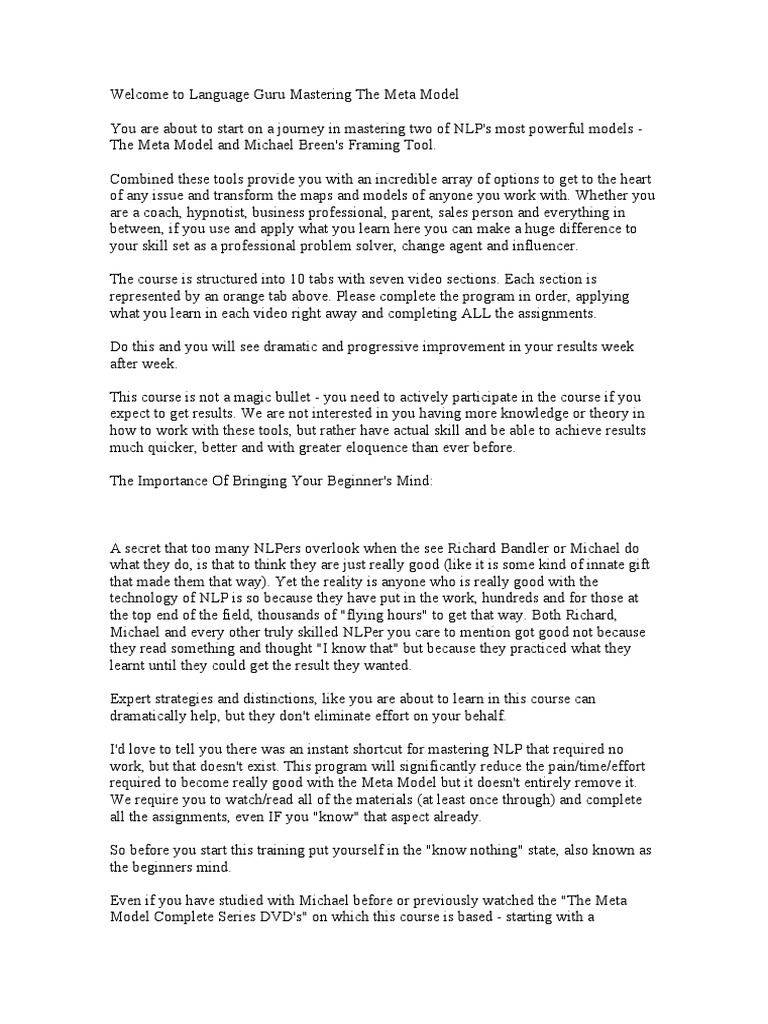 01-Welcome To Language Guru Mastering The Meta Model | PDF | Neuro Linguistic Programming | Learning