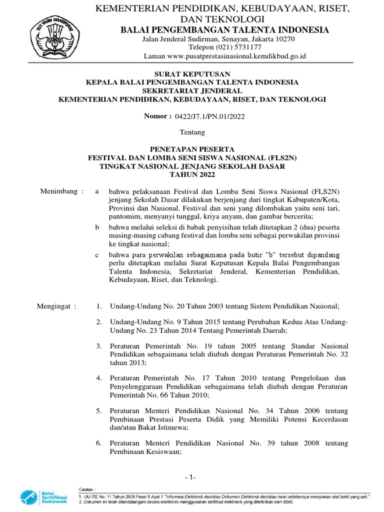 SK Peserta Tingkat Nasional FLS2N SD Tahun 2022 | PDF