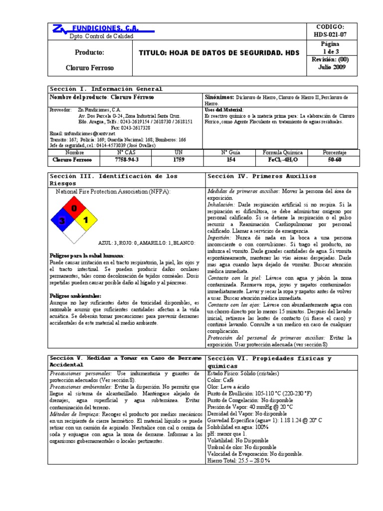 Hoja de Datos de Seguridad Cloruro Férroso (HDS-021-07) I | PDF | Agua ...