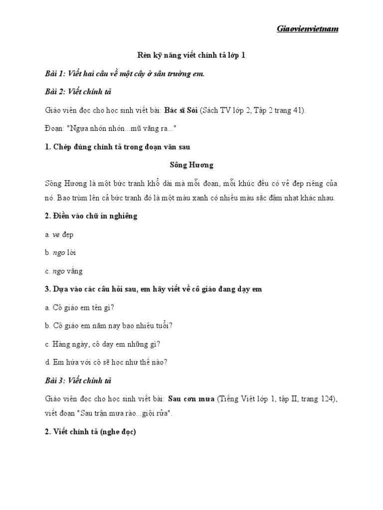 Bai Tap Ren Luyen Ki Nang Viet Chinh Ta Lop 1 | PDF