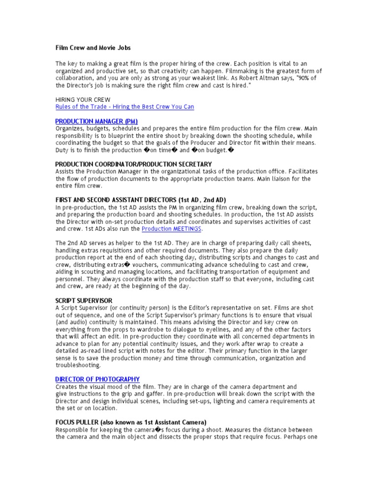 Film Crew Roles Explained | PDF | Filmmaking | Film Director