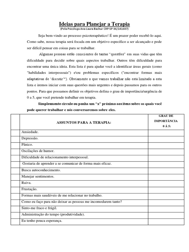 Estrutura - Metas para Terapia | PDF | Pensamento | Distúrbio mental