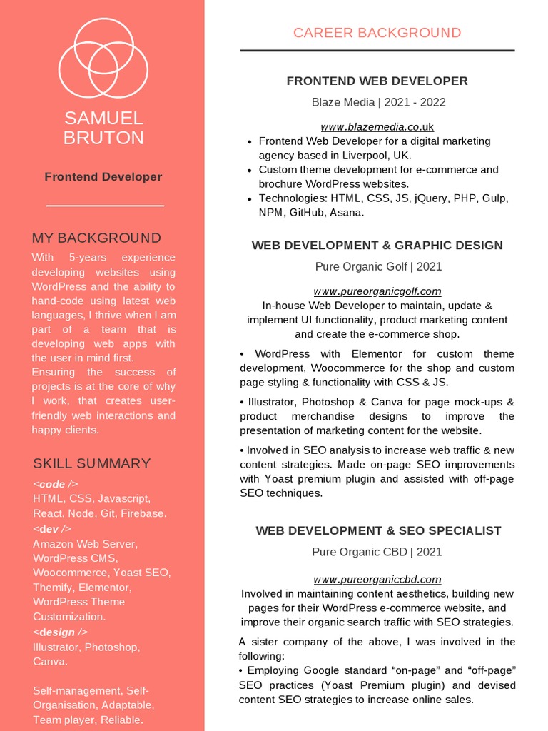 Sam Bruton Frontend Web Developer CV | PDF | Word Press | World Wide Web